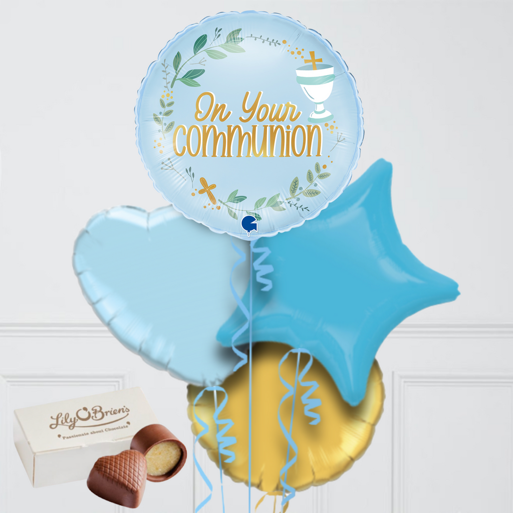On Your Communion Blue Inflated Foil Balloon Bunch l BalloonFactory.ie